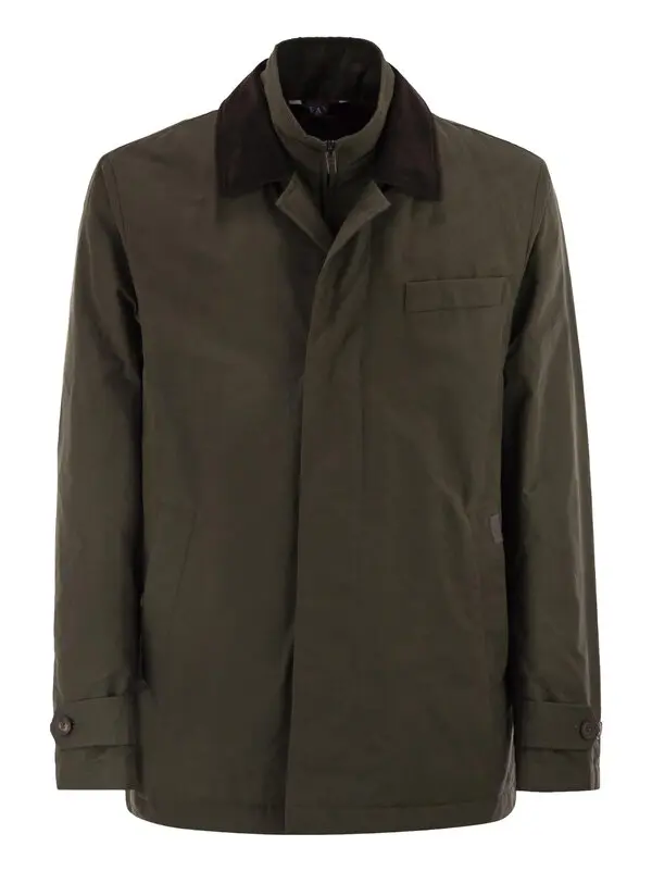 FAY Short Raincoat In Cotton And Nylon Faille With Velvet Collar - Green
