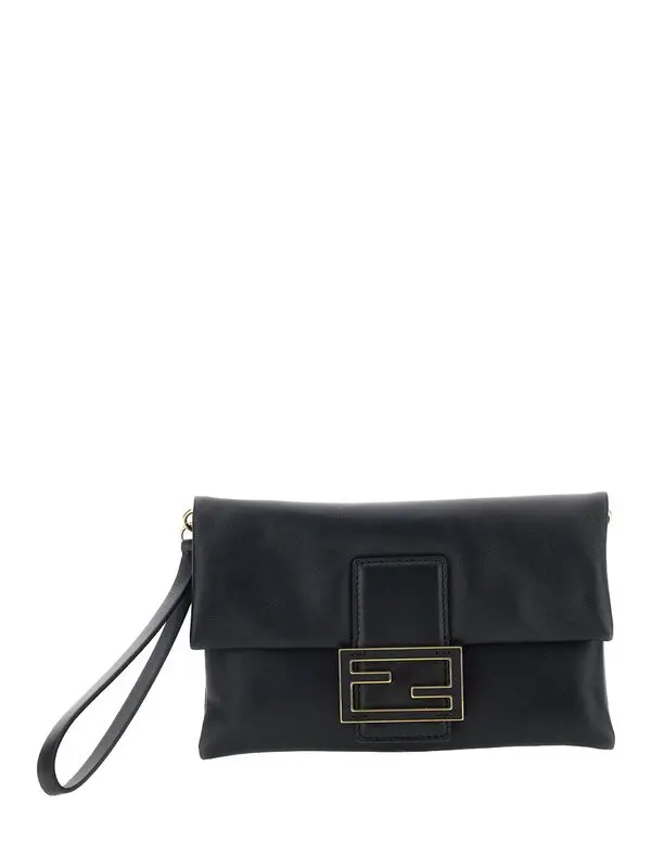 Fendi Leather Pouch With Ff Plate Closure And Wrist Strap - Multicolor