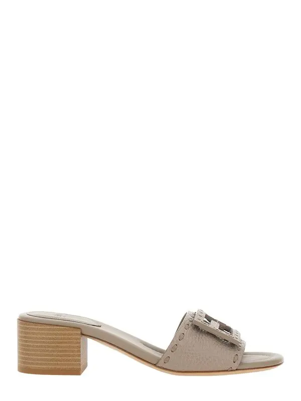 Fendi Leather Block Heel Sandals With Ff Cut-out - Cream