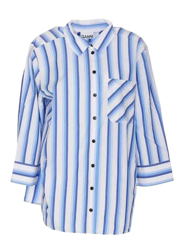 GANNI Cotton Striped Button-up Shirt - Blue