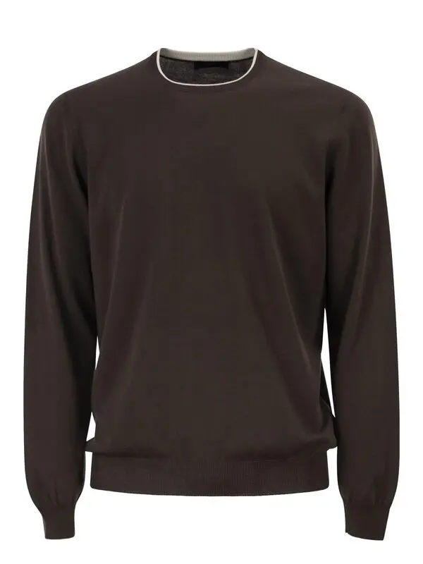 FAY Cotton Crew Neck Jumper With Contrasting Trim - Brown