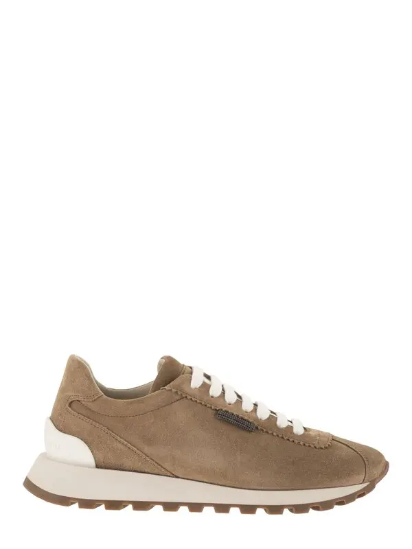 Brunello Cucinelli Suede Runners With Shiny Tab - Brown