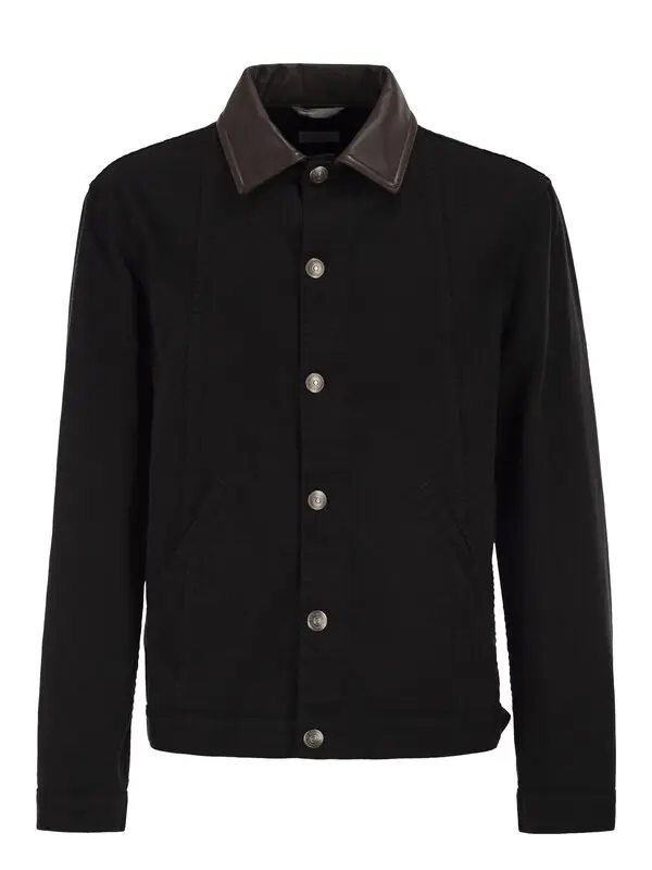 Brunello Cucinelli Lightweight Garment-dyed Cotton Denim Jacket With Leather Collar - Black