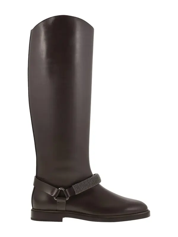 Brunello Cucinelli Calf Leather Knee-high Boots With Embellished Strap - Brown