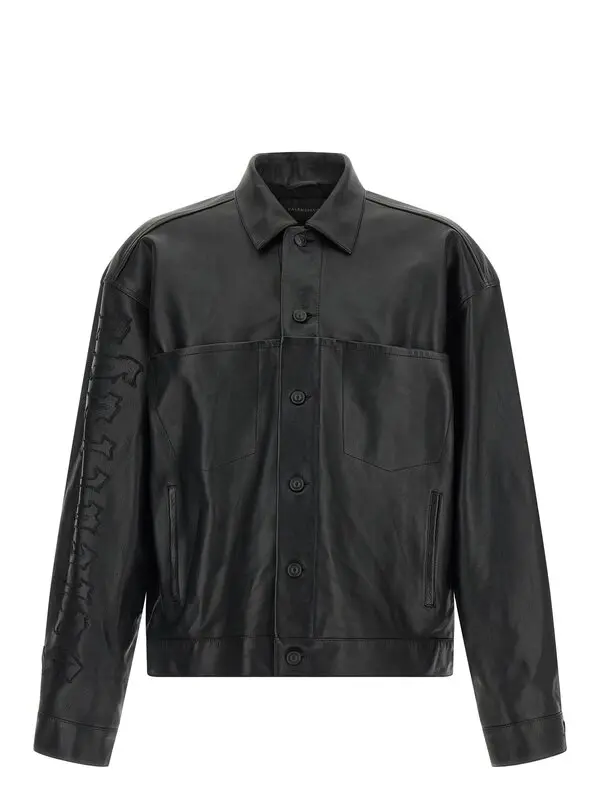 Balenciaga Shirt Jacket In Garnet Buffalo Leather With Gothic Denim Embroidery - Black