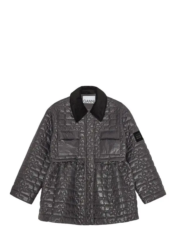 GANNI Quilted Recycled Nylon Jacket With Corduroy Collar - Brown