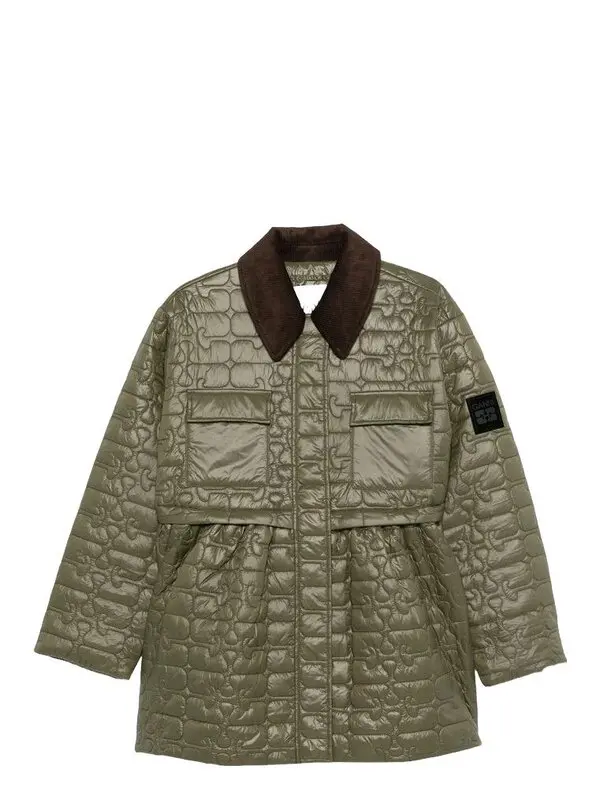 GANNI Quilted Puffer Jacket With Corduroy Collar - Green