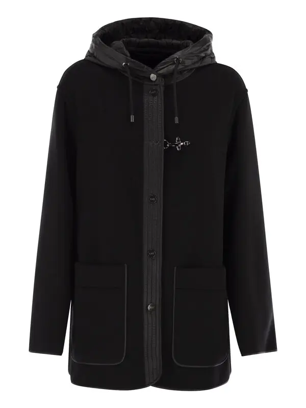 FAY Two-material Wool And Cashmere Caban Coat With Hood - Black