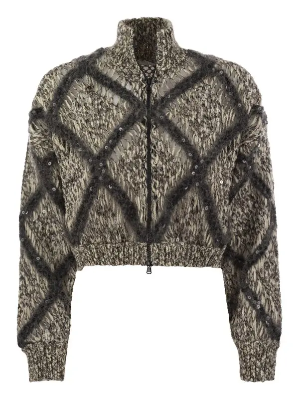 Brunello Cucinelli High Collar Zip-up Sequined Wool-blend Cardigan - Gray