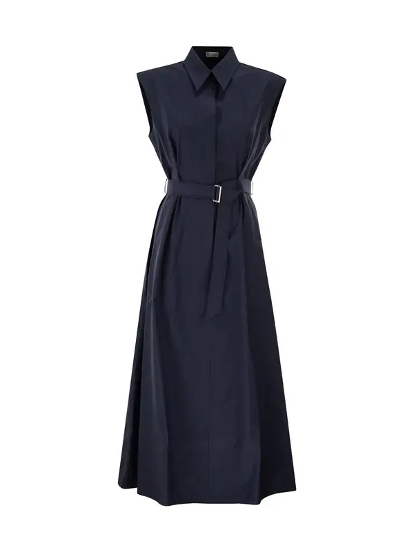 Brunello Cucinelli Long Sleeveless Cotton Dress With Belt - Blue