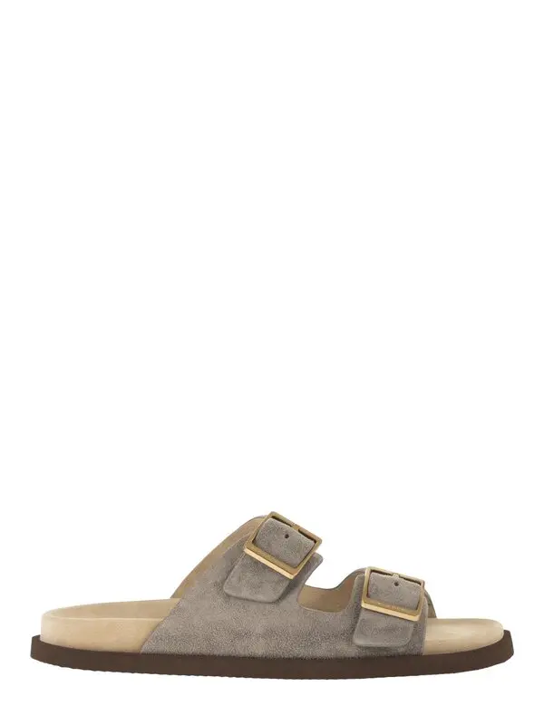Brunello Cucinelli Urban Slides In Washed Suede With Metal Buckles - Gray