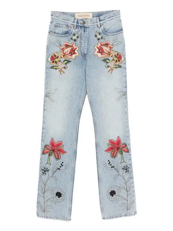 Valentino Garavani Floral Embroidered Straight Leg Jeans - Blue