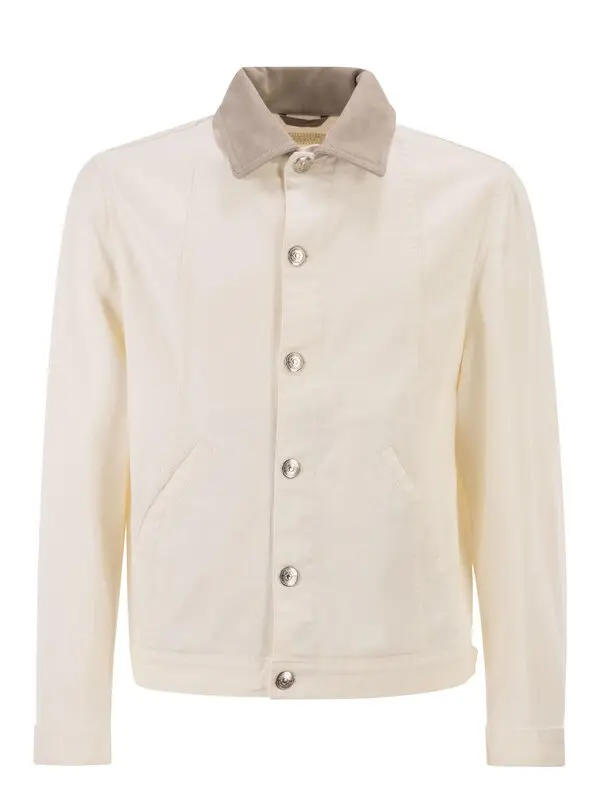 Brunello Cucinelli Garment-dyed Cotton Denim Jacket With Leather Collar - White
