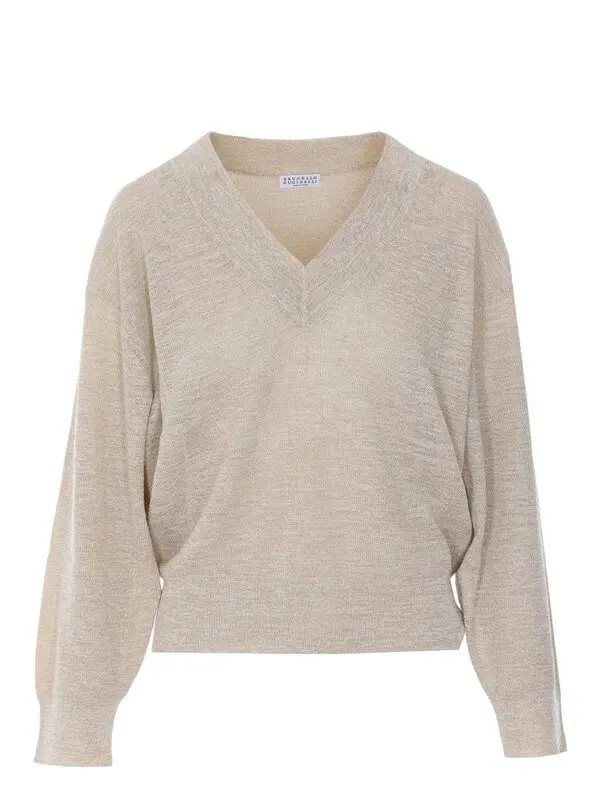 Brunello Cucinelli Beige V-neck Long-sleeve Sweater - Cream