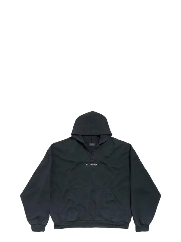 Balenciaga Back Faded Fleece Polo Hoodie - Black