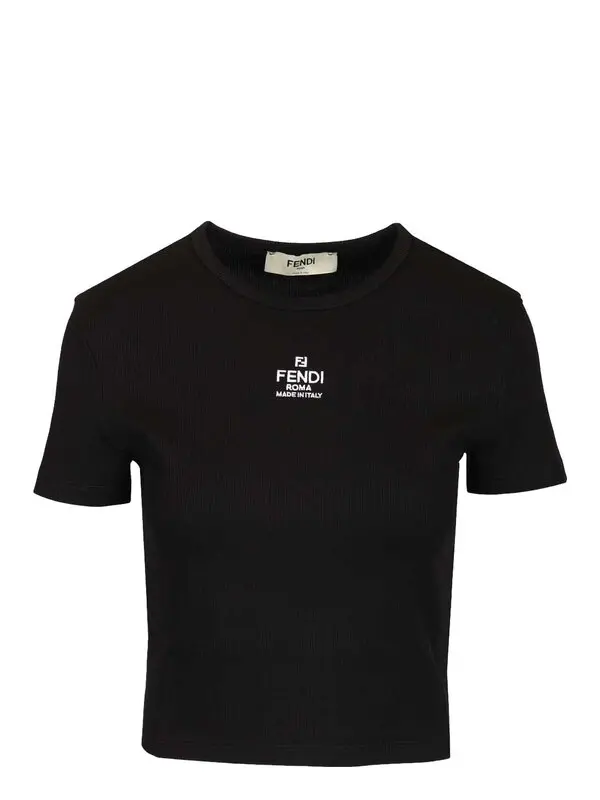 Fendi Ribbed Cropped Top With Logo Detail - Black