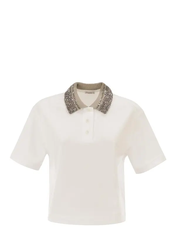 Brunello Cucinelli Cotton Jersey Polo Shirt With Embellished Collar - White