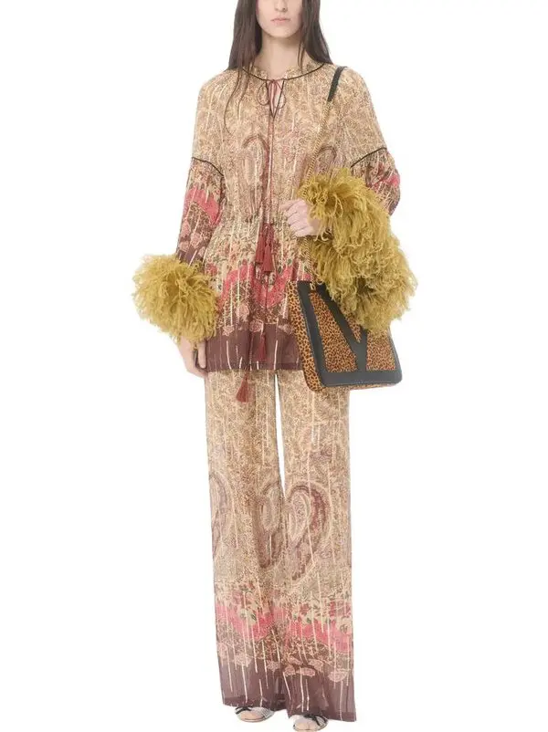 Valentino Garavani Silk Blend Paisley Print Blouse With Feather Trim - Cream
