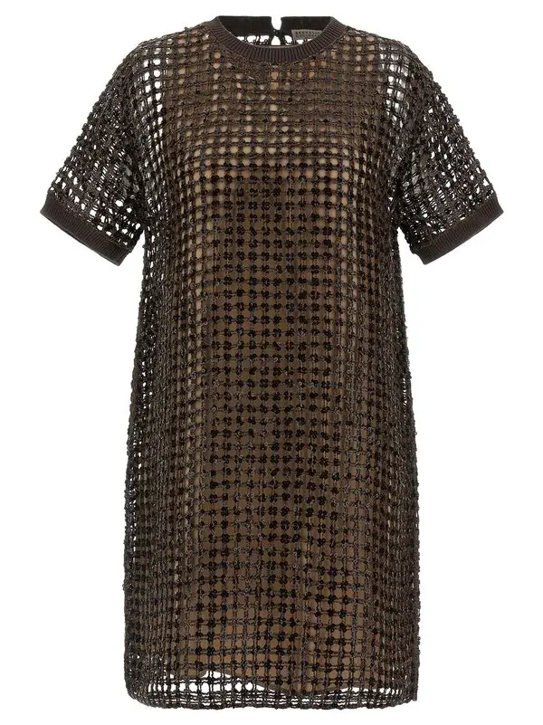Brunello Cucinelli Sequin Mesh Mini Dress - Brown