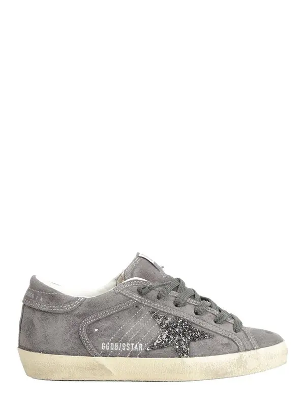 GOLDEN GOOSE Super-star Distressed Leather Sneakers With Glitter Star Appliqués - Gray