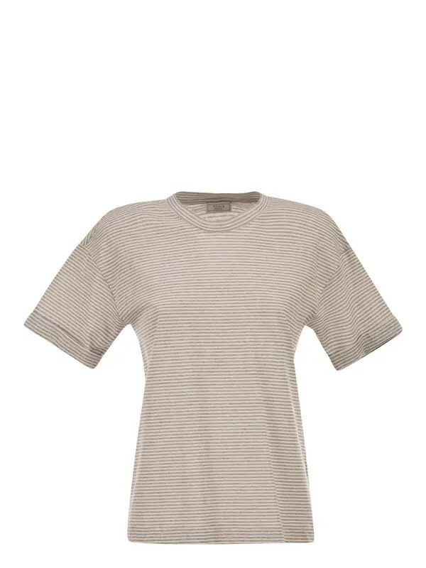 Peserico Striped Linen And Cotton T-shirt With Luminous Yarns - Cream