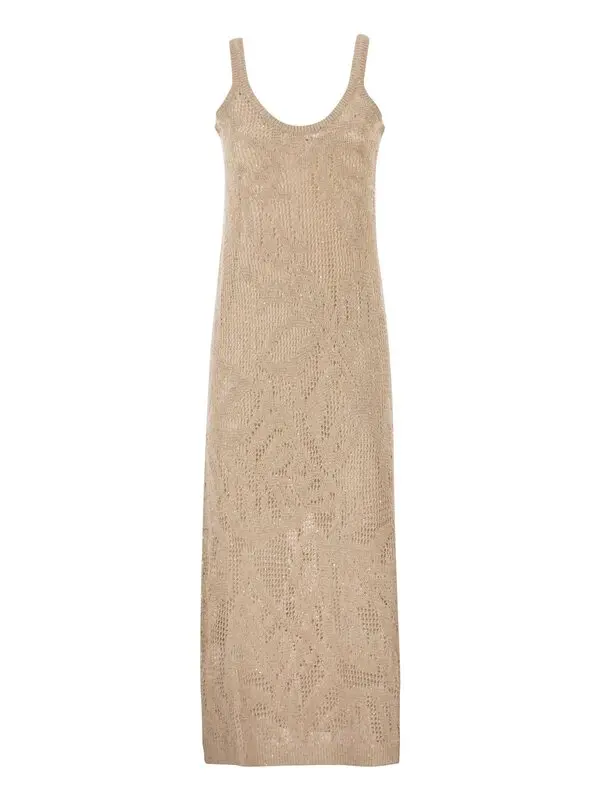 Brunello Cucinelli Linen And Cotton Knit Dress With Sequin Embellishment - Cream