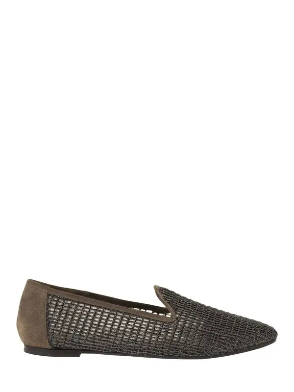 Brunello Cucinelli Suede Flats With Precious Net Embroidery - Brown