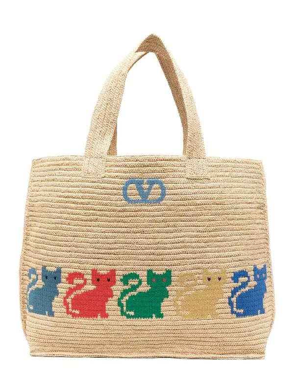 Valentino Garavani Woven Raffia Tote Bag With Vlogo Signature - Cream