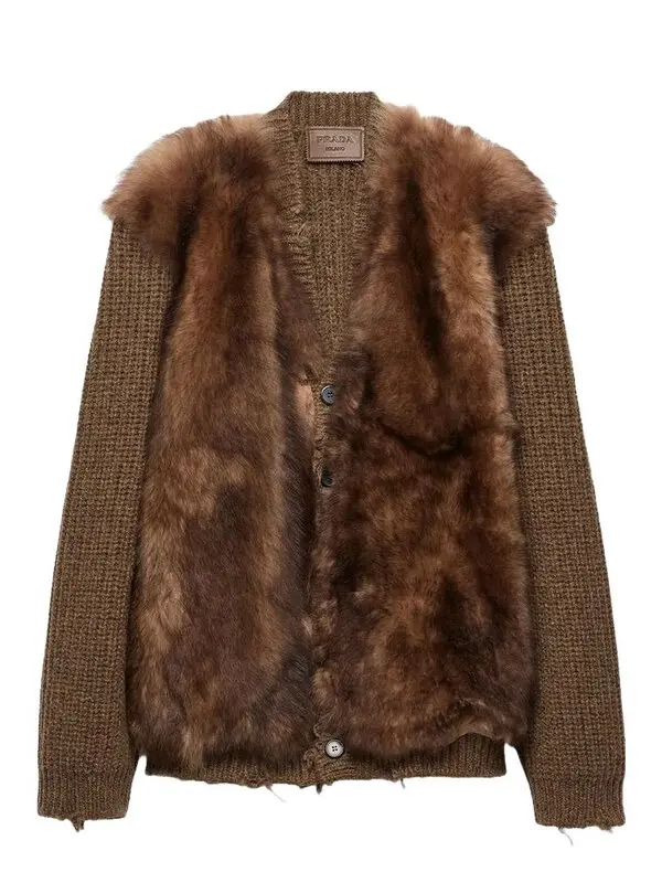 Prada Shearling Trim Ribbed Knit Cardigan - Brown