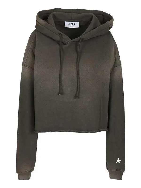 GOLDEN GOOSE Cropped Hooded Sweatshirt With "star" Print - Black