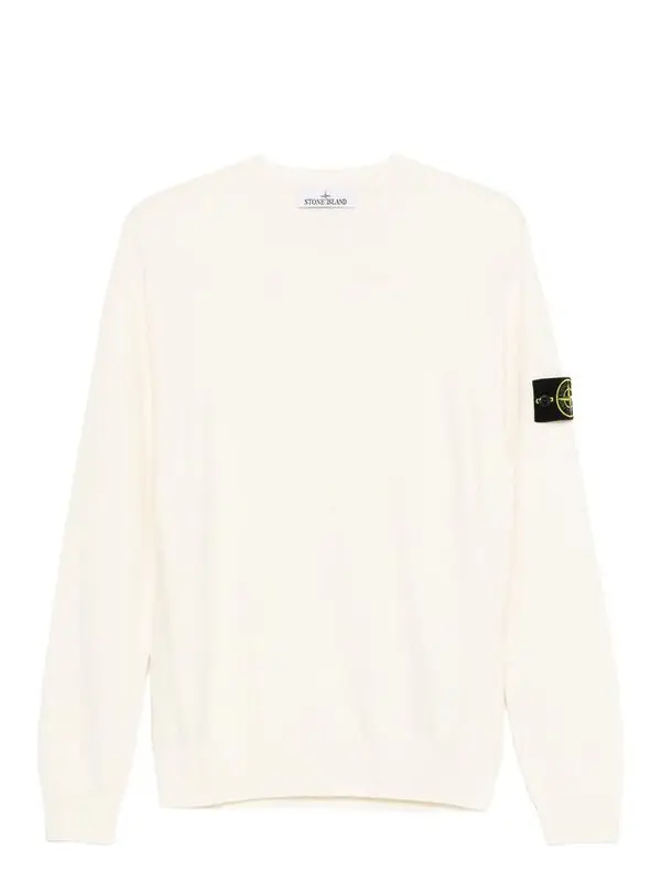 Stone Island Crew Neck Long Sleeve Sweater With Logo Patch - Cream