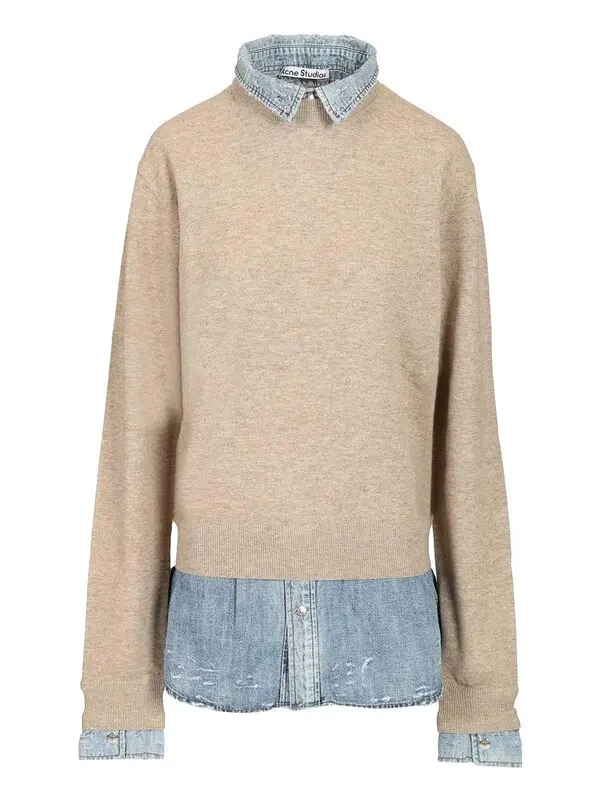 Acne Studios Layered Wool And Denim Crewneck Sweater - Cream