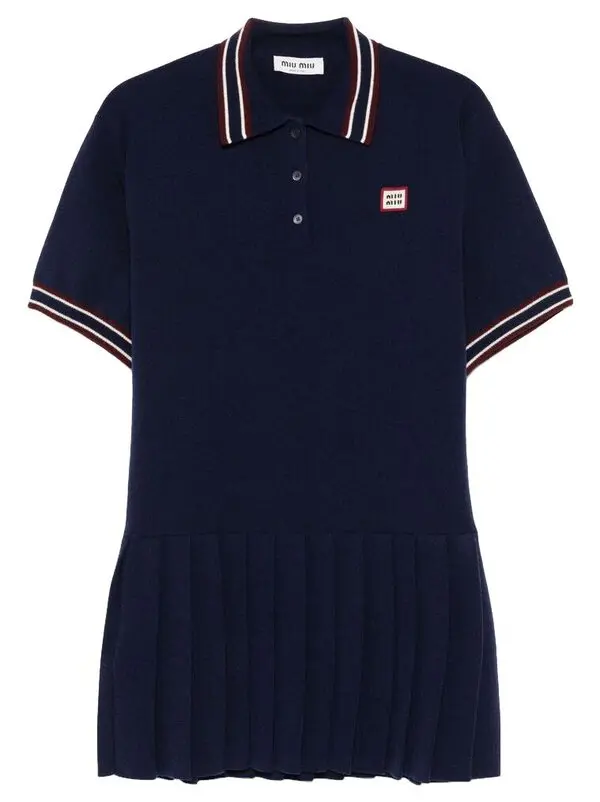 Miu Miu Navy Cashmere And Virgin Wool Pleated Polo Dress - Blue