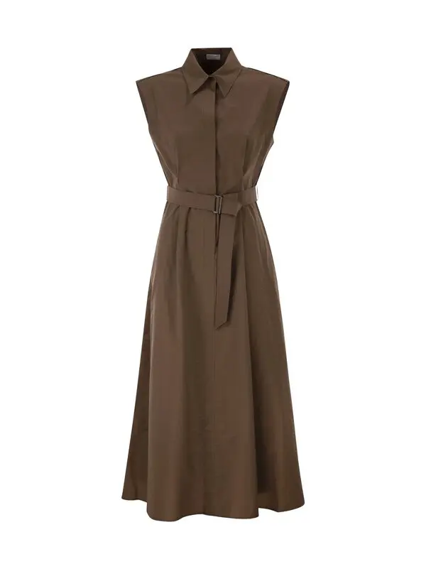 Brunello Cucinelli Long Sleeveless Cotton Dress With Belt - Brown