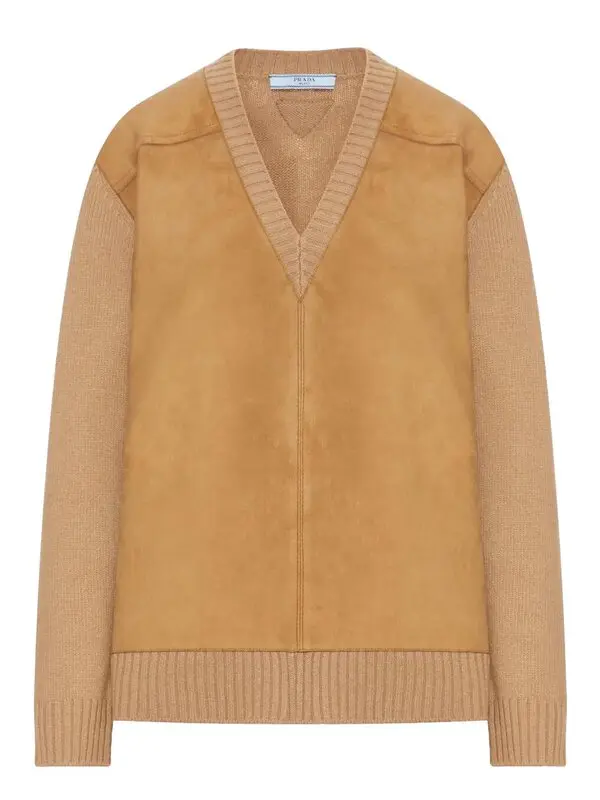 Prada Suede-panel V-neck Wool Sweater - Multicolor