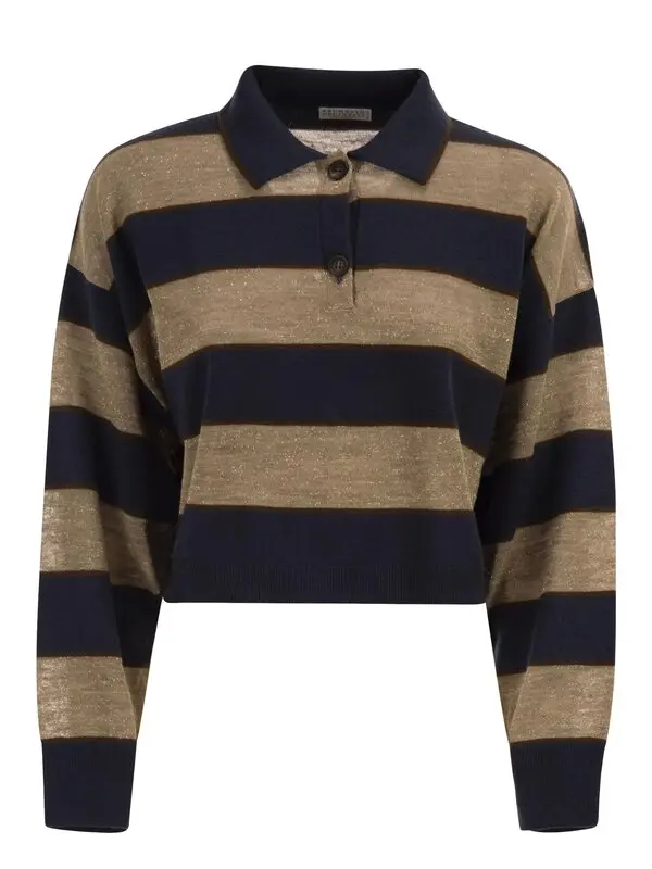 Brunello Cucinelli Striped Cropped Polo Shirt In Virgin Wool, Cashmere, And Linen Blend - Multicolor