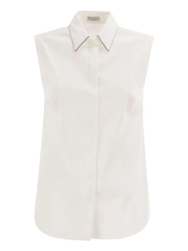 Brunello Cucinelli Sleeveless Shirt With Shiny Trim In Stretch Cotton Poplin - White