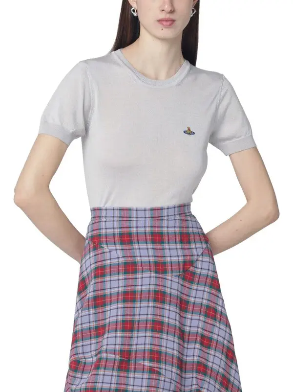VIVIENNE WESTWOOD Light Grey Wool And Silk Crew Neck Top With Embroidered Orb Logo - Gray