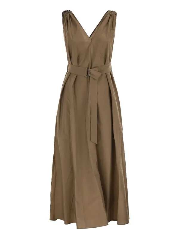 Brunello Cucinelli Techno Cotton Poplin Dress With Belt And Embellished Shoulders - Brown