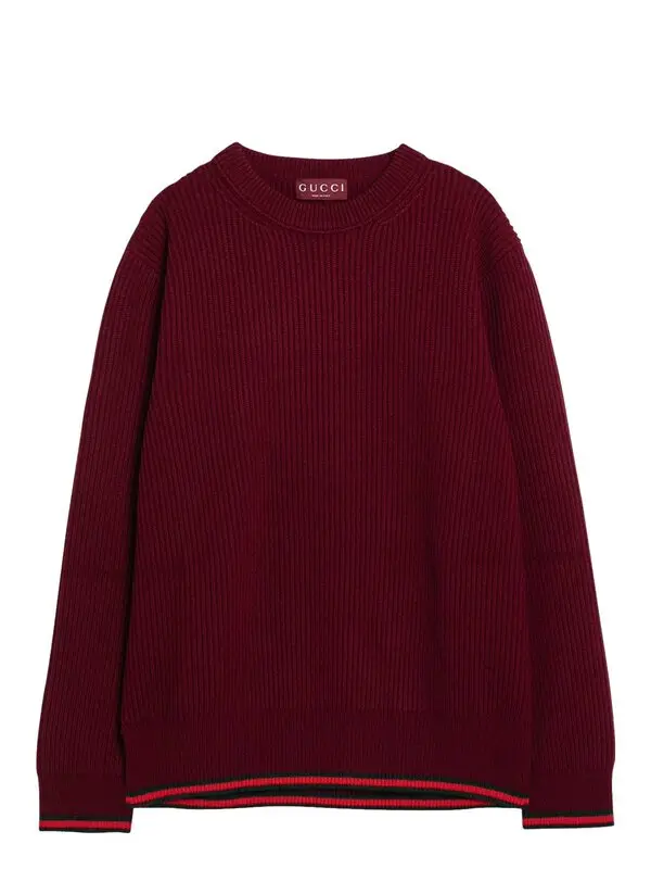 Gucci Burgundy Wool & Cashmere Crew Neck Jumper With Web Ribbon Detail - Red