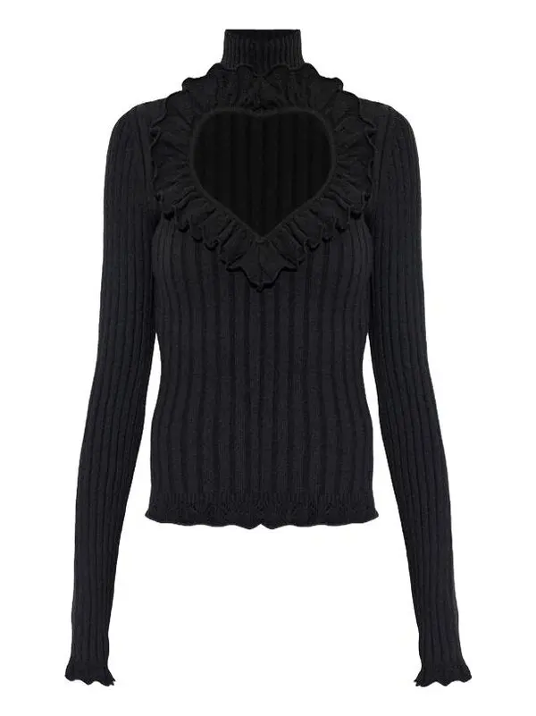 Balenciaga Ribbed Knit High Neck Long Sleeve Top With Ruffled Trim - Black
