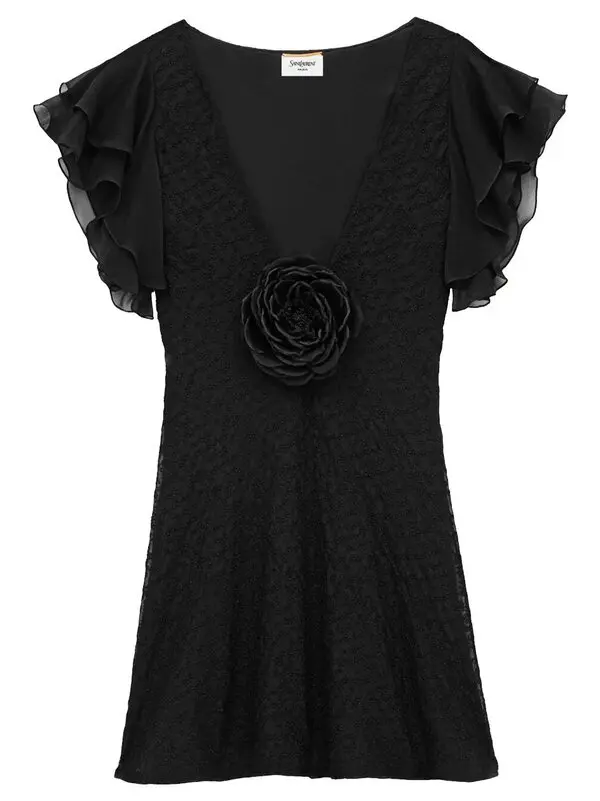 Saint Laurent Embroidered V-neck Dress With Ruffled Sleeves - Black