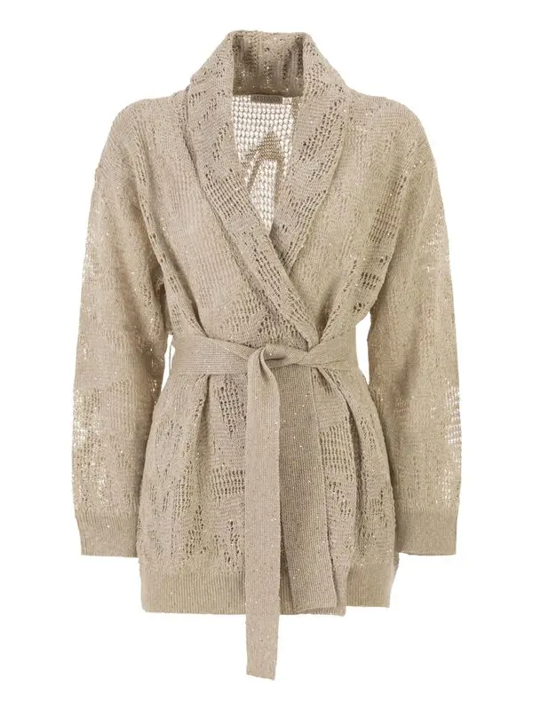 Brunello Cucinelli Belted Shawl Collar Cardigan In Linen And Cotton - Cream
