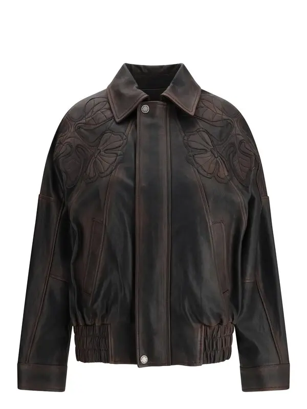 GOLDEN GOOSE Nappa Leather Bomber Jacket With Floral Embroidery - Brown