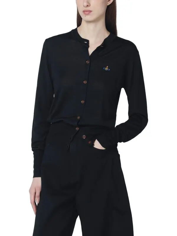 VIVIENNE WESTWOOD Wool And Silk Crew Neck Cardigan With Embroidered Orb Logo - Black