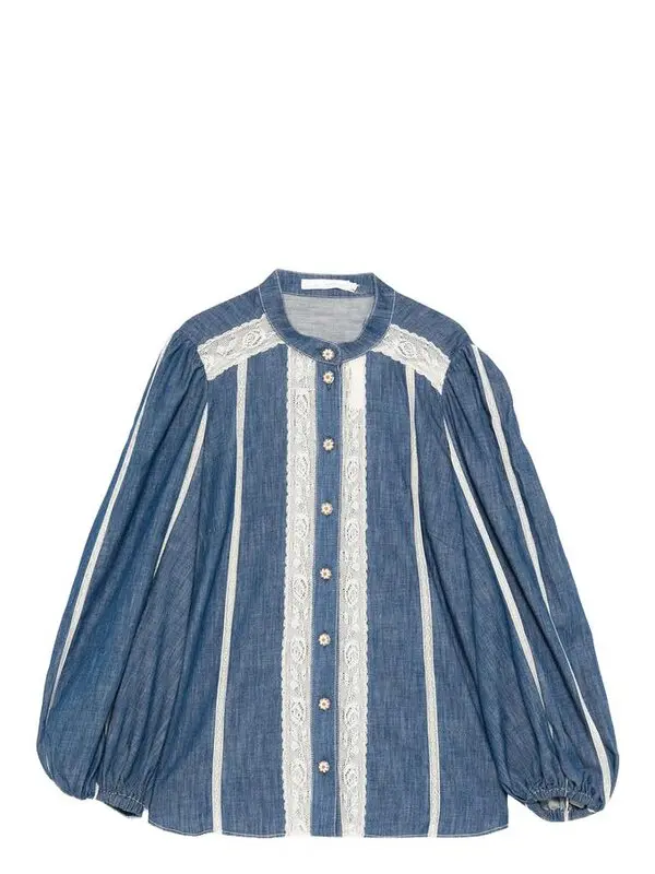 Zimmermann Cotton Lace Trim Long Sleeve Shirt - Blue