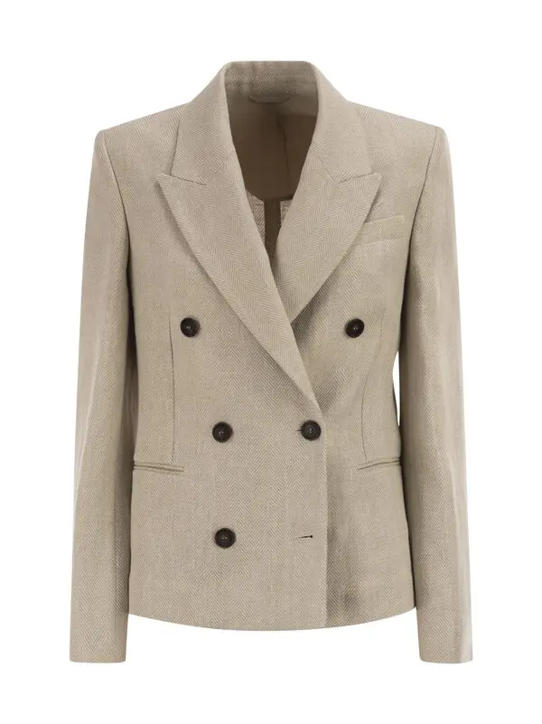 Brunello Cucinelli Double-breasted Linen & Cotton Chevron Jacket - Cream