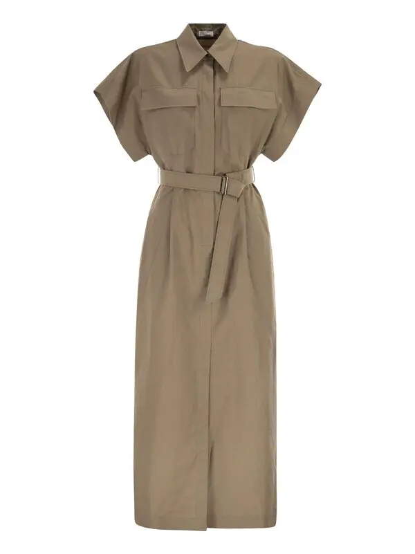 Brunello Cucinelli Technical Cotton And Nylon Poplin Shirt Dress With Belt - Brown