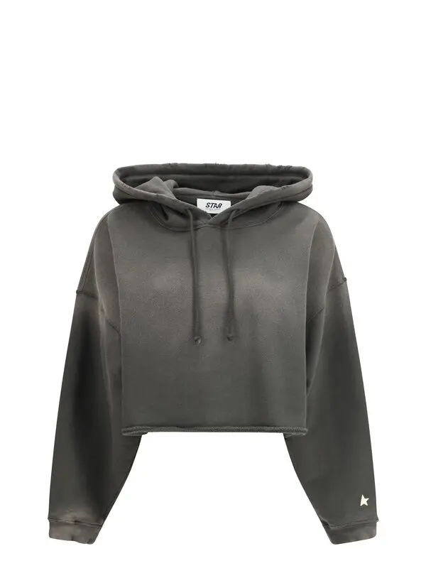 GOLDEN GOOSE Cropped Hoodie With Distressed Wash And Logo Detail - Gray