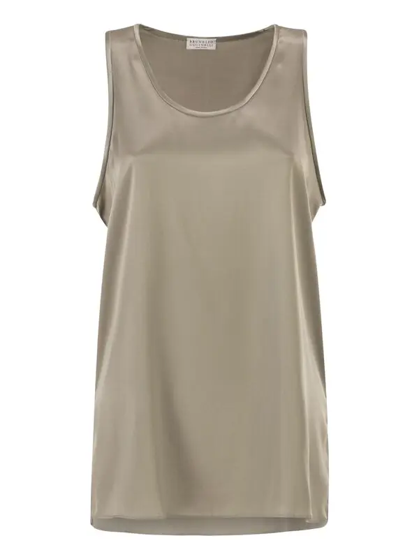 Brunello Cucinelli Stretch Silk Satin Crew Neck Top - Cream